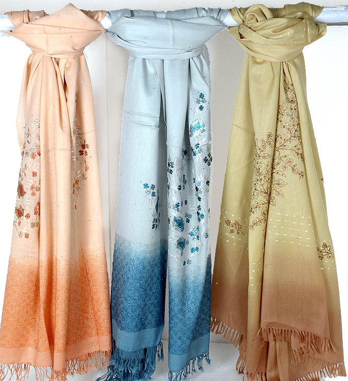 Lot of Three Kullu Shawls with Mikaish Work and Embroidery | Exotic ...