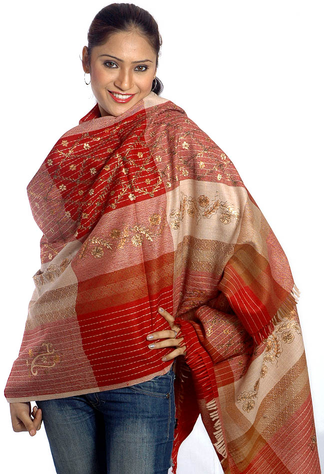Maroon and Beige Kullu Shawl with Embroidery | Exotic India Art