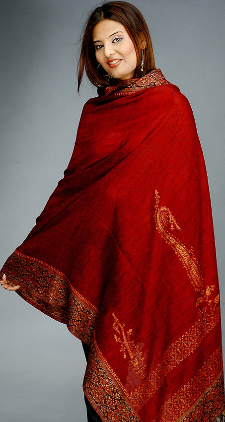 Hand Embroidered Maroon Jamawar Shawl | Exotic India Art