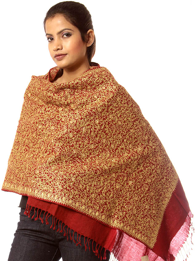 Maroon Stole with Jaal Embroidery in Golden Thread | Exotic India Art
