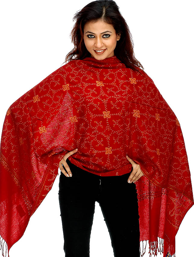 Maroon Stole with Needle Embroidery | Exotic India Art