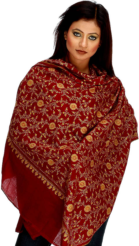 Maroon Stole with Needle Embroidery | Exotic India Art