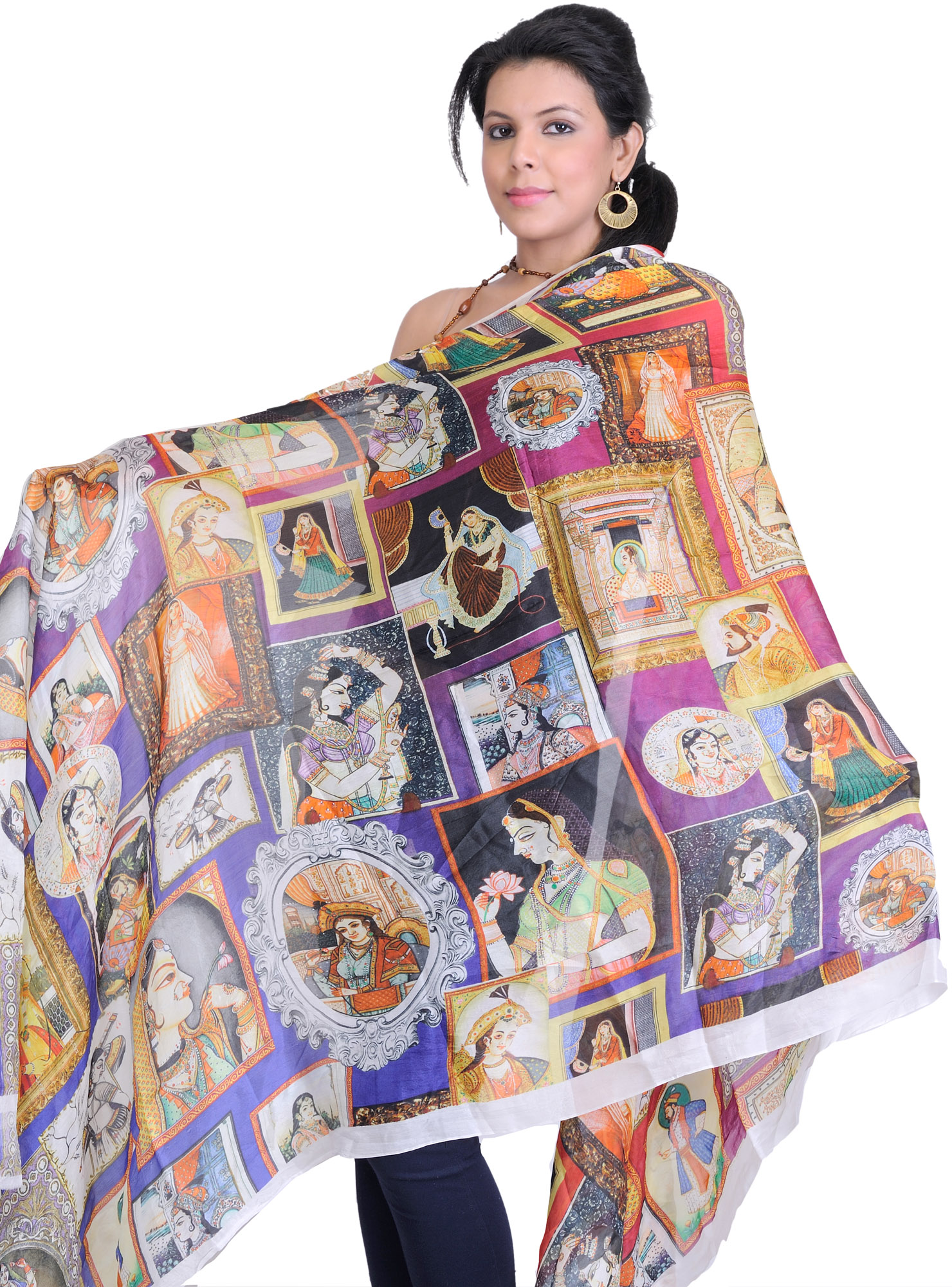 Multi-Color Dupatta with Digital Printed Portraits | Exotic India Art