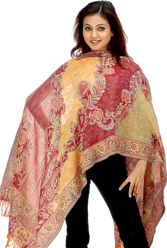 Multi-Color Floral Jamawar Stole | Exotic India Art