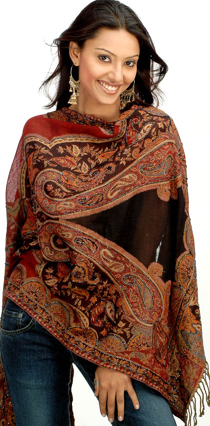 Multi-Color Jamawar Stole with Beadwork | Exotic India Art
