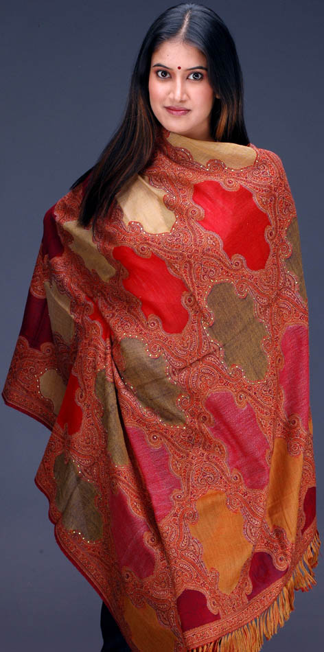 Multi-Color Jamawar Stole with Crystals | Exotic India Art