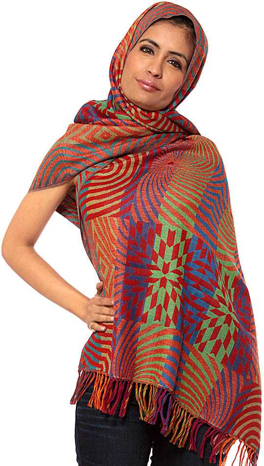 Multi-Color Jamawar Stole with Modern Weave | Exotic India Art