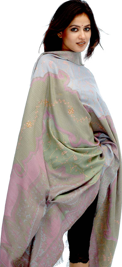 Multi-Color Pastel Shawl with Kantha Stitch Embroidery | Exotic India Art