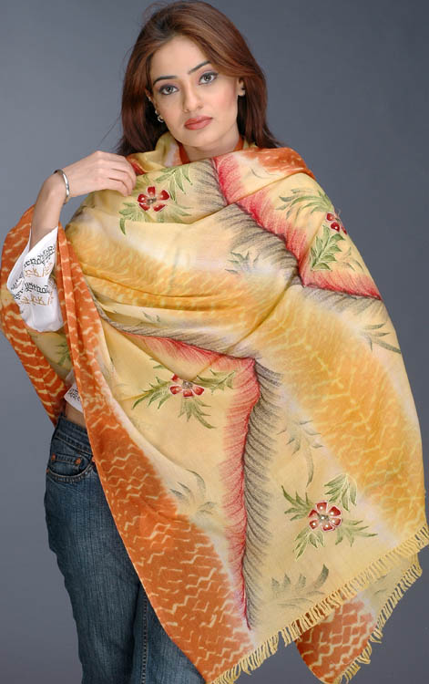 Multi-Shaded Floral Shawl with Sequins | Exotic India Art