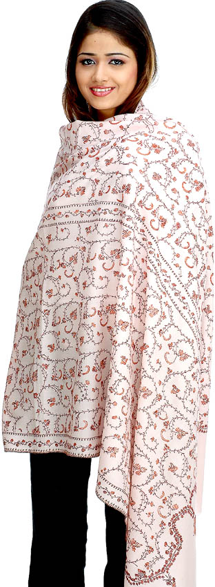 Pale Apricot Tusha Shawl from Kashmir with Jaal Embroidery | Exotic ...