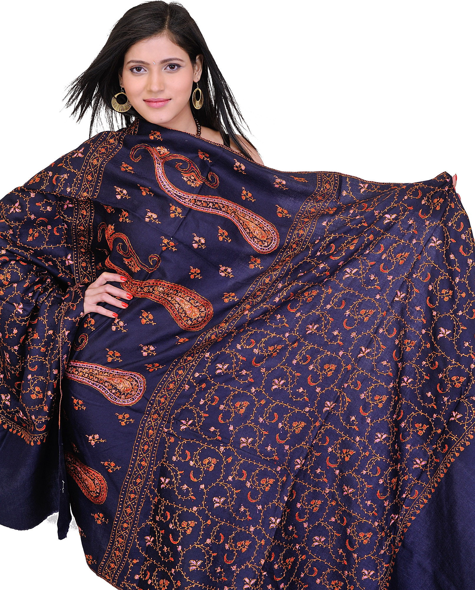 Patriot-Blue Tusha Shawl from Kashmir with Needle Embroidery by Hand ...