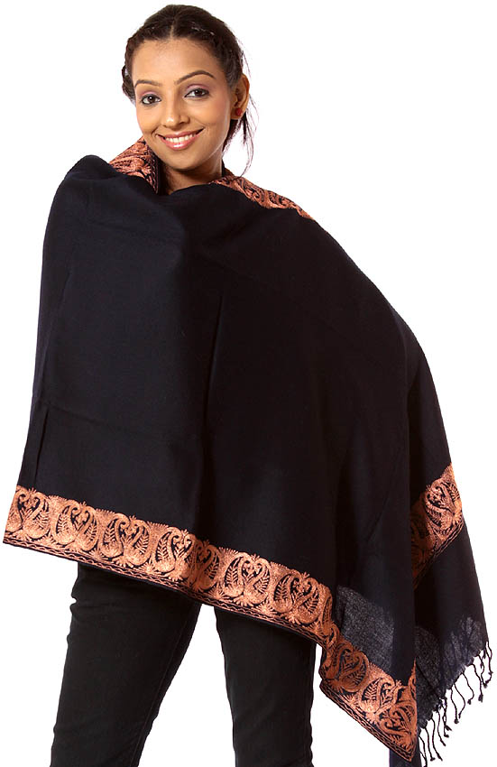 Plain Black Stole with Embroidered Paisleys on Border in Copper Thread ...