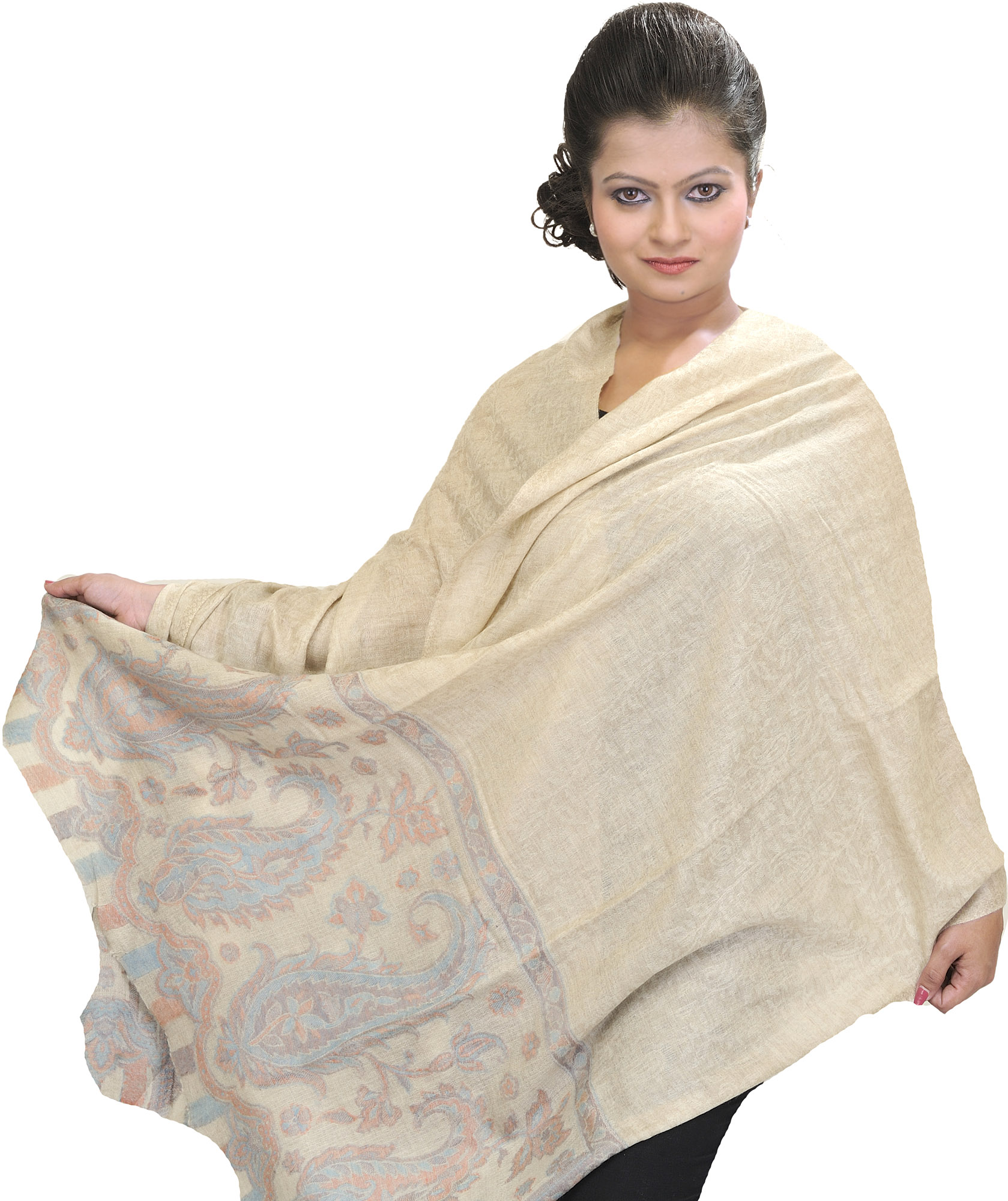 Pure Pashmina Stole with Woven Paisleys and Self-Weave | Exotic India Art