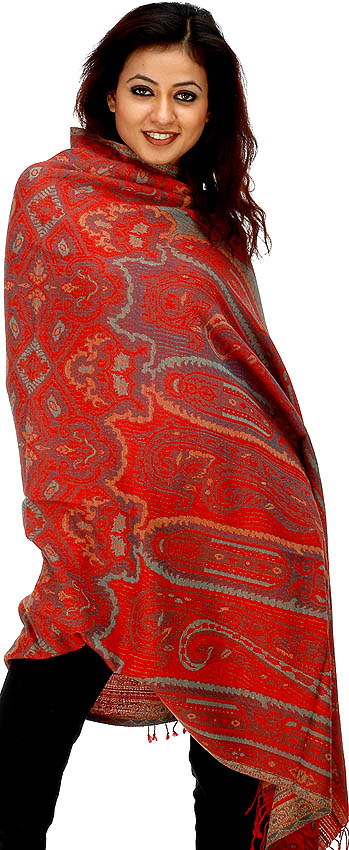 Red Kani Jamawar Shawl with Dense Weave | Exotic India Art