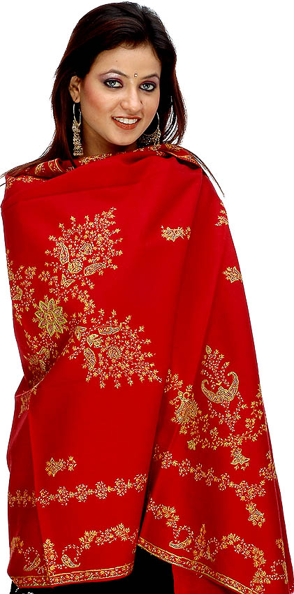Red Raffel Shawl with Needle Embroidery | Exotic India Art