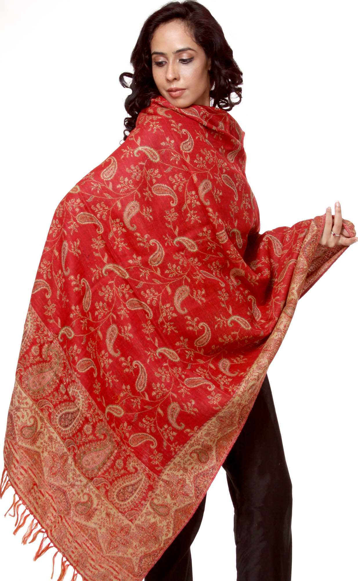 Red Reversible Jamawar Shawl with Floating Paisleys | Exotic India Art