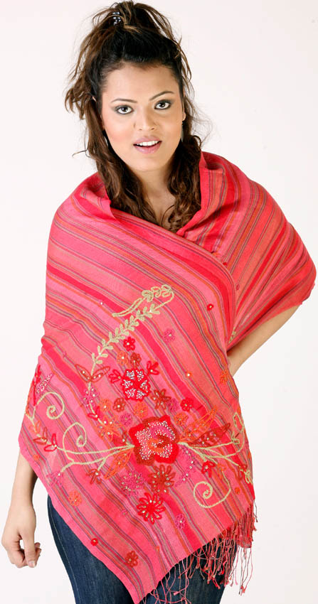 Red Striped Scarf with Embroidery and Sequins | Exotic India Art