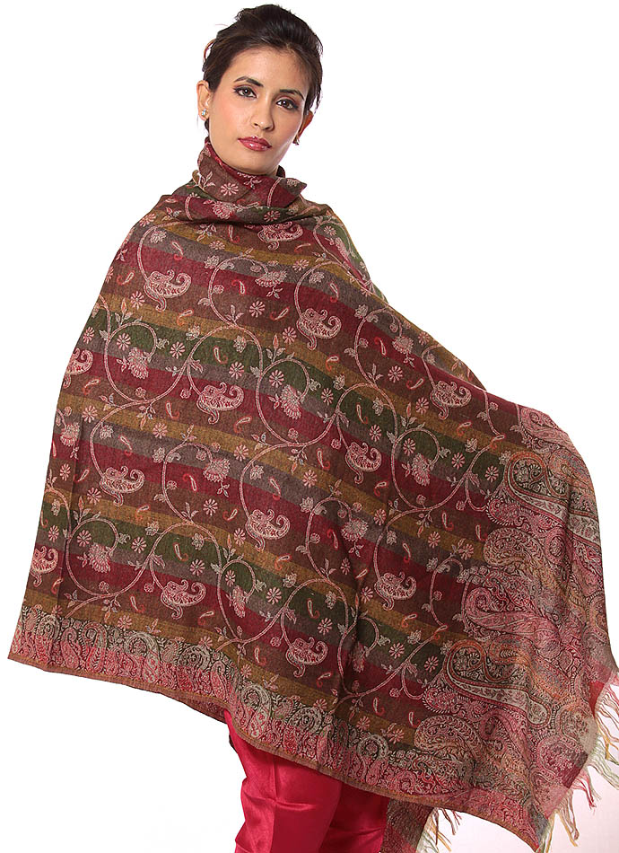 Multi-Color Jamawar Shawl with Woven Creepers | Exotic India Art