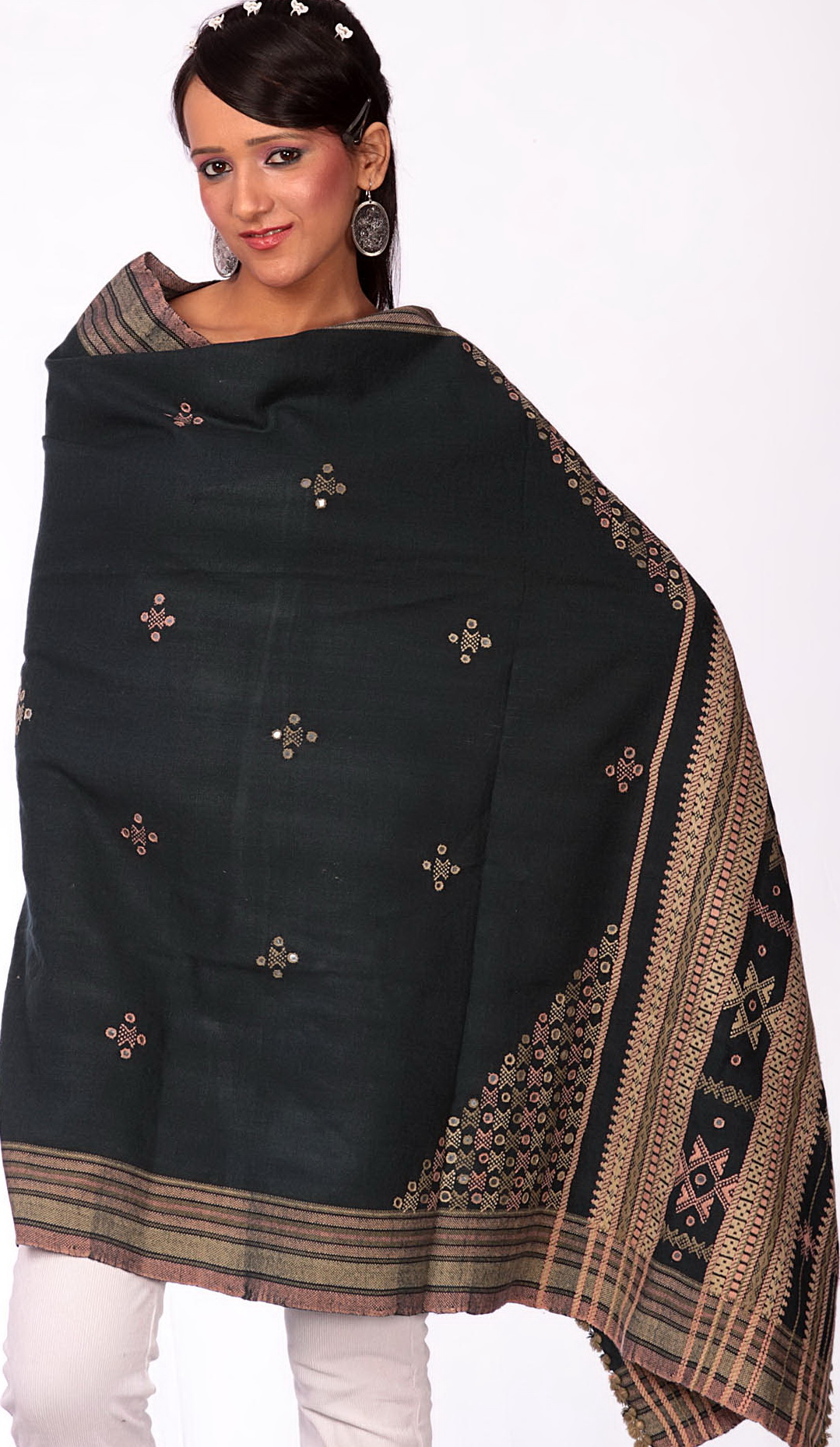 Midnight-Navy Shawl from Kutchh with Threadwork and Mirrors | Exotic ...