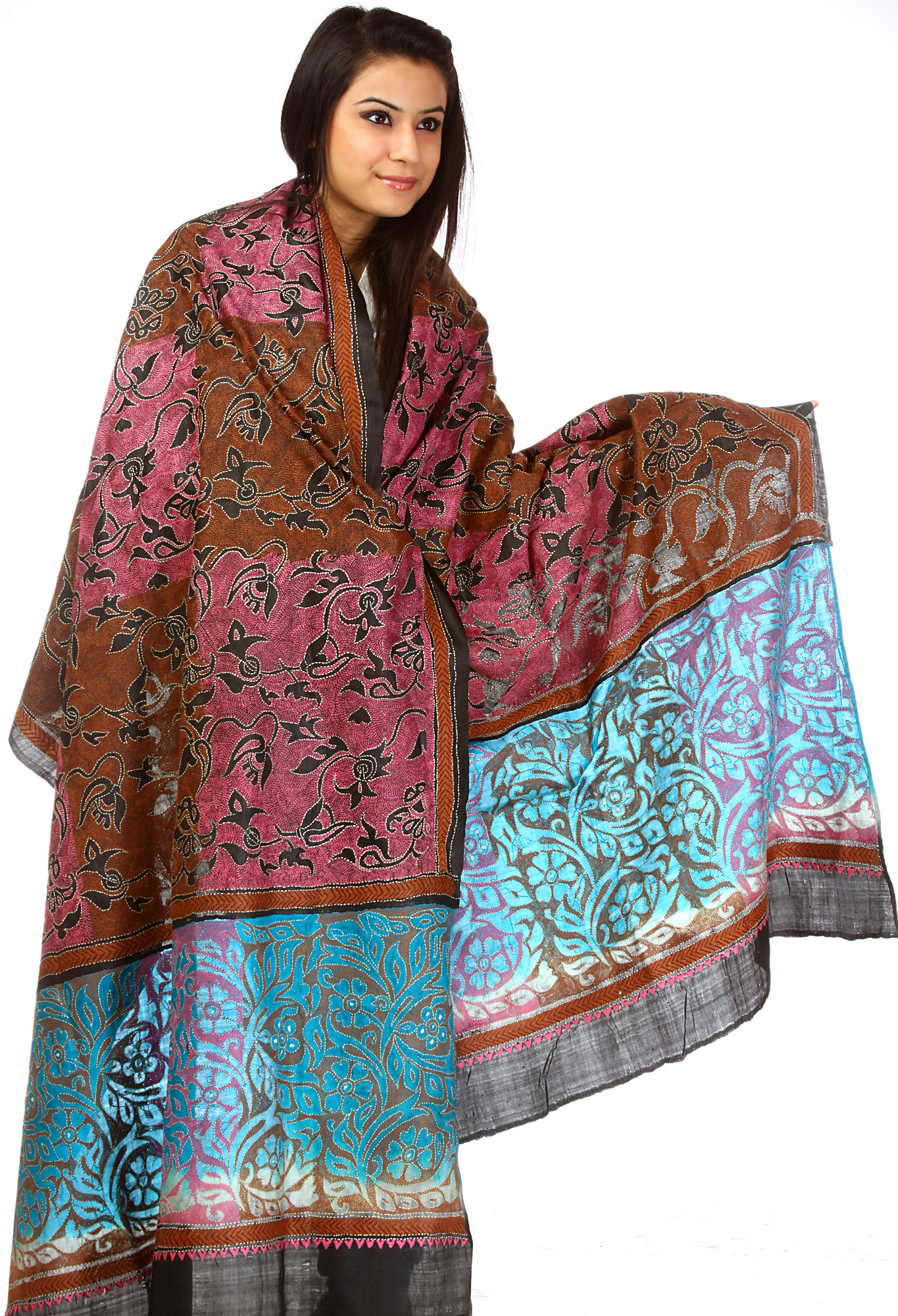 Tri-Color Shawl from Bengal with Kantha Embroidered Flowers by Hand ...