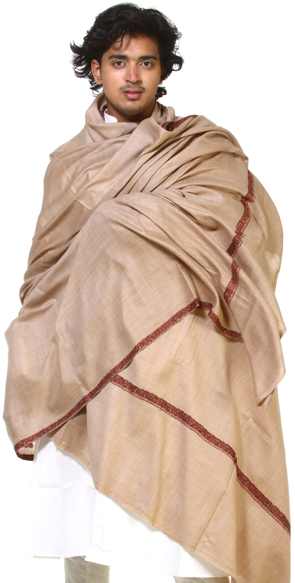 Beige Plain Men's Dushala with Hand-Embroidered Border | Exotic India Art