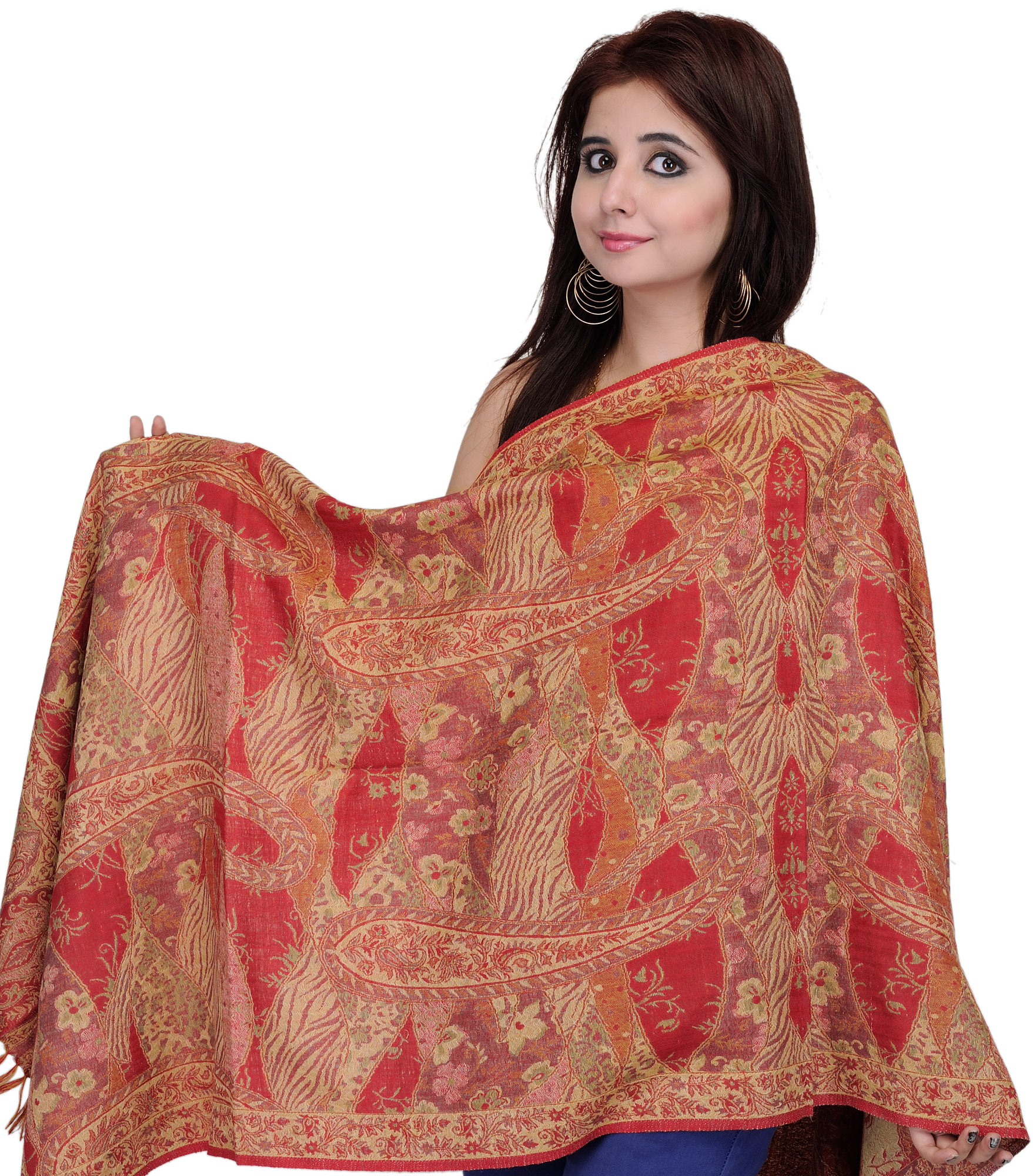 Pompeian-Red Jamawar Stole with Large Woven Paisleys | Exotic India Art