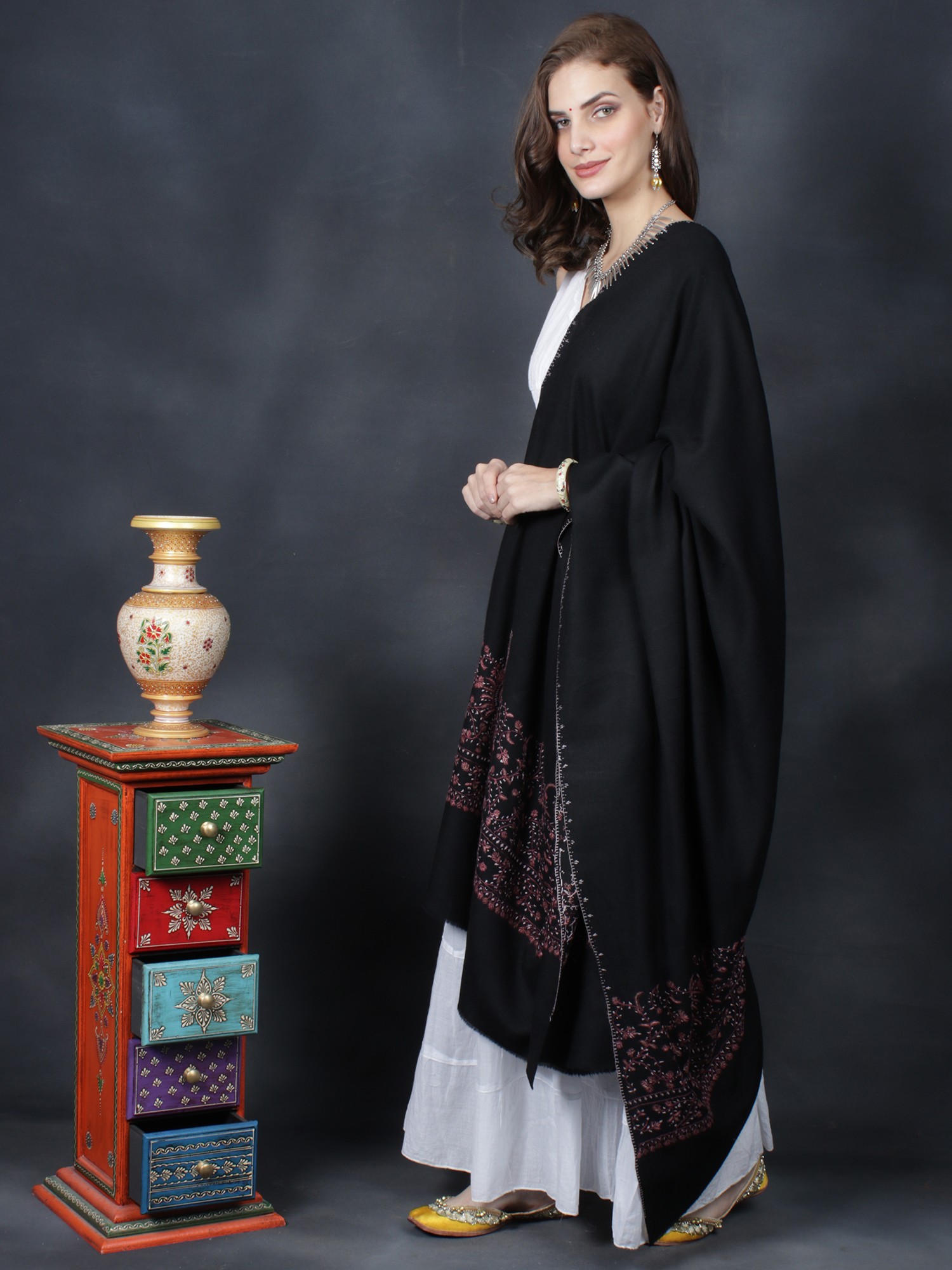 Shawl from Kashmir With Jaal Pattern Sozni Hand-Embroidered Paisley ...