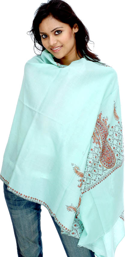 Tea-Green Stole from Kashmir with Needle Embroidery | Exotic India Art