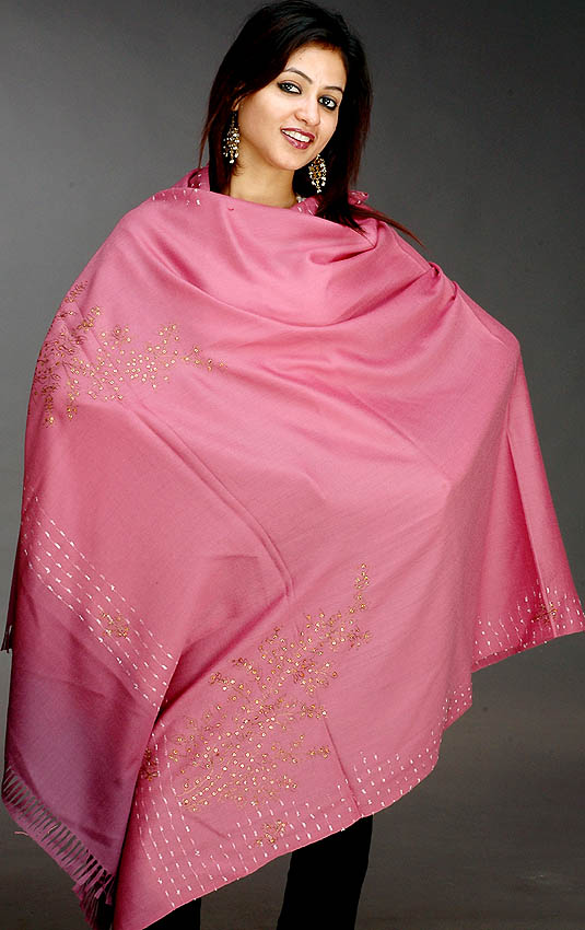 Terracotta Pink Kullu Shawl with Threadwork and Sequins | Exotic India Art