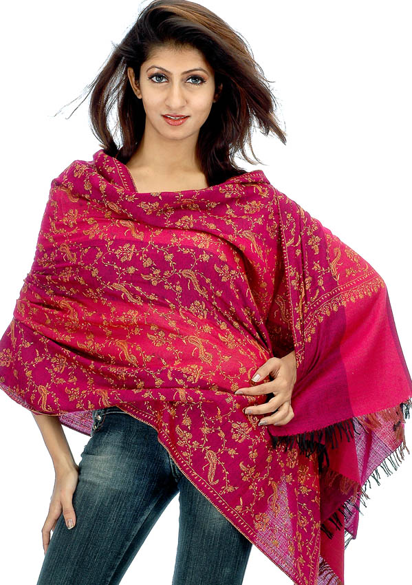 Tusha Stole Hand-Embroidered All-Over in Kashmir with Two Shades of ...