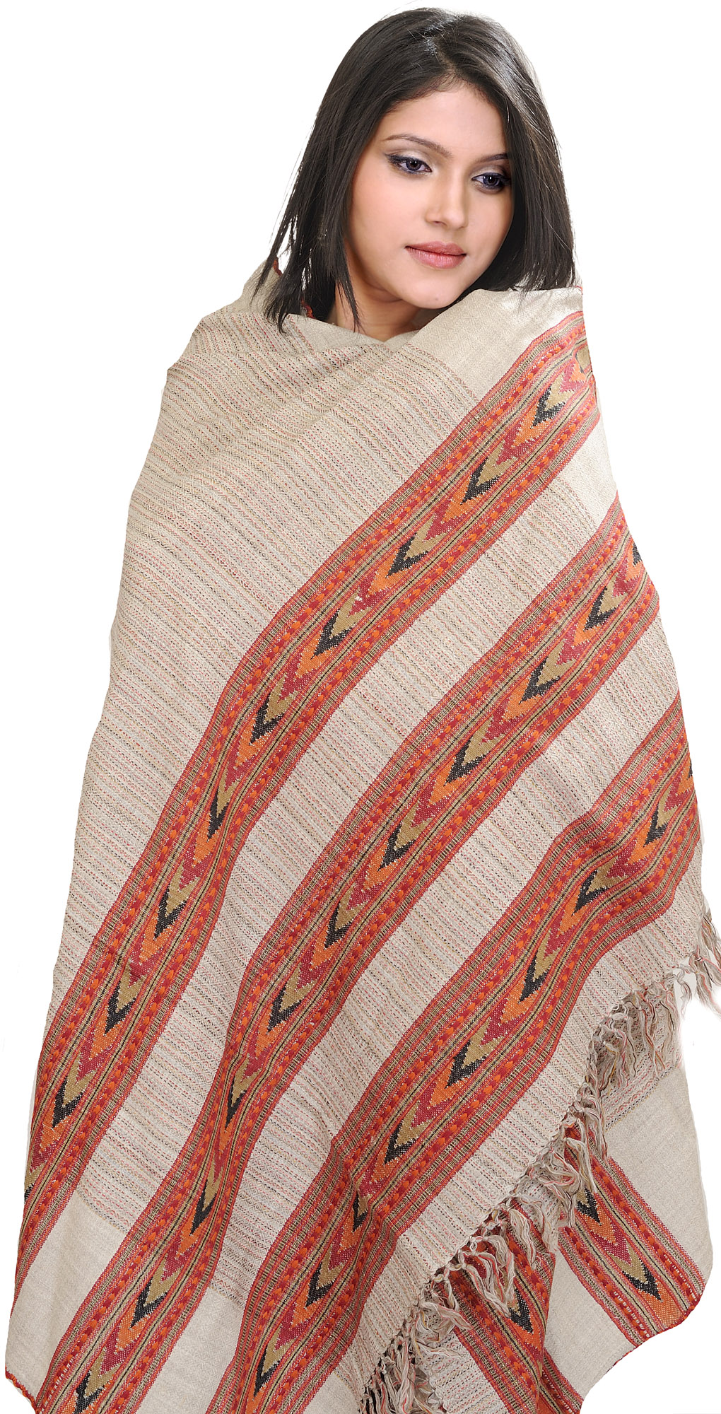 White-Swan Shawl from Kullu with Kinnauri Woven Border | Exotic India Art