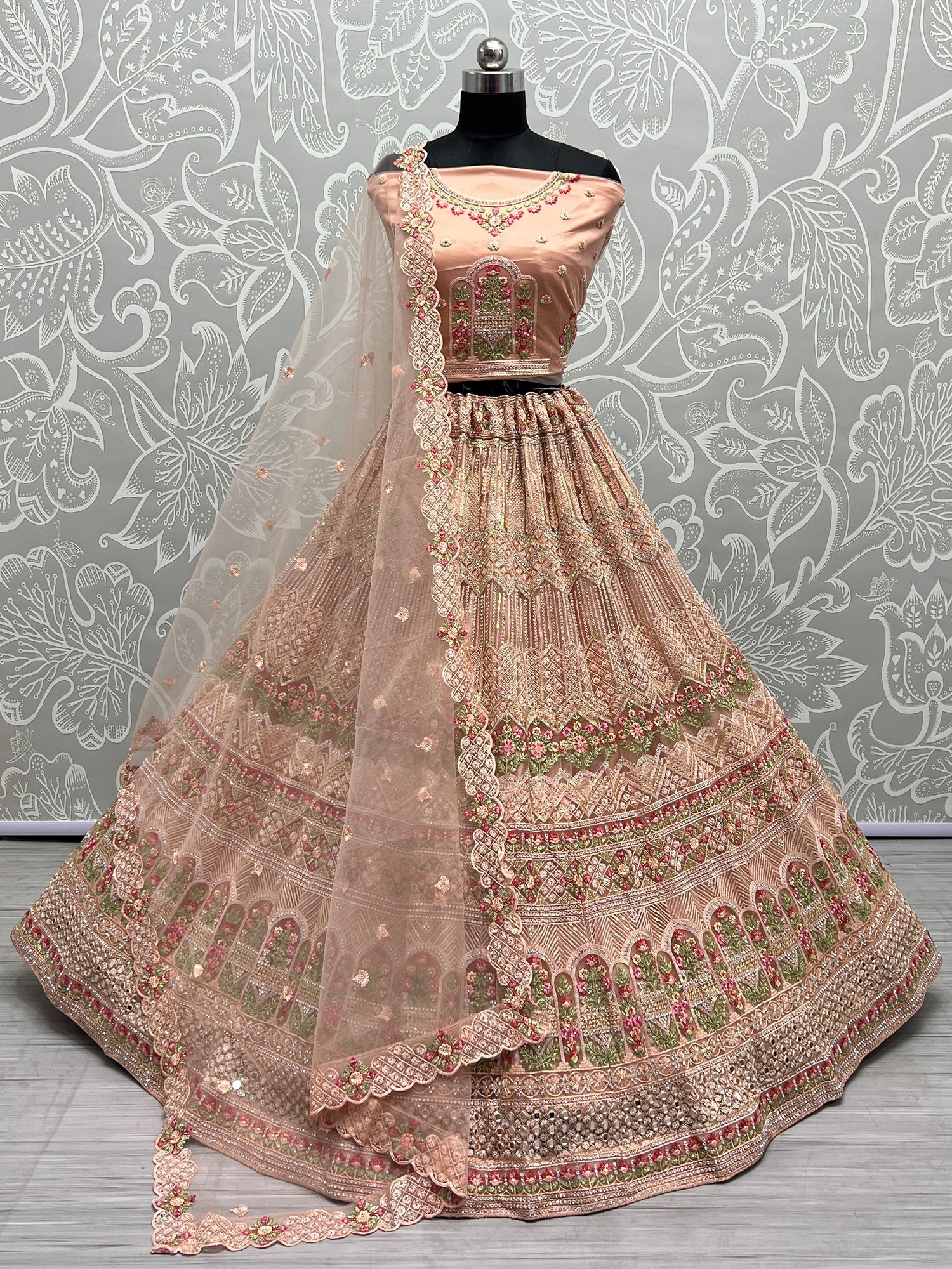 Heavy Net Meena Mughal Motif Lehenga Choli With Mirror, Thread, Zircon ...
