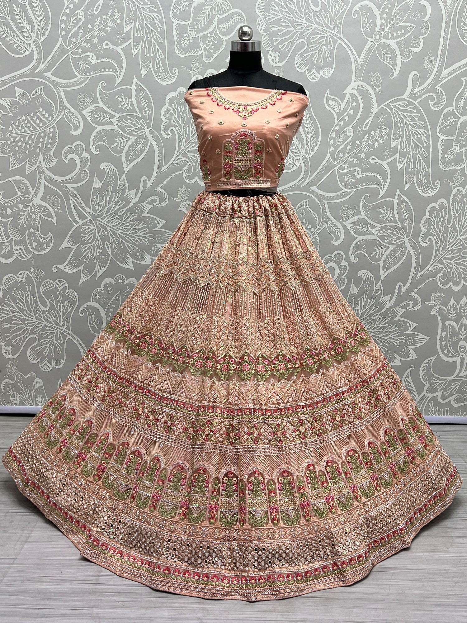 Heavy Net Meena Mughal Motif Lehenga Choli With Mirror, Thread, Zircon ...