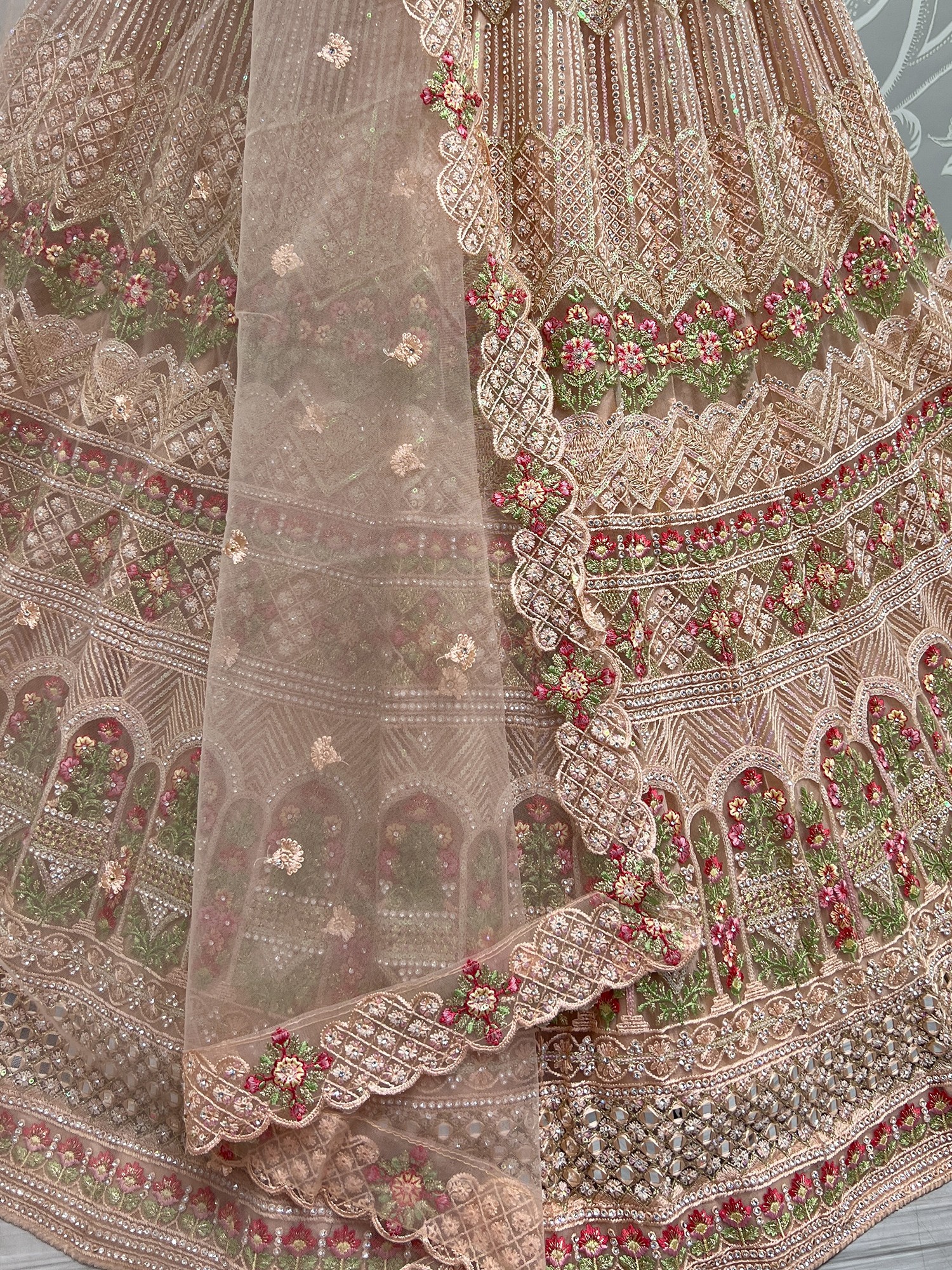 Heavy Net Meena Mughal Motif Lehenga Choli With Mirror, Thread, Zircon ...