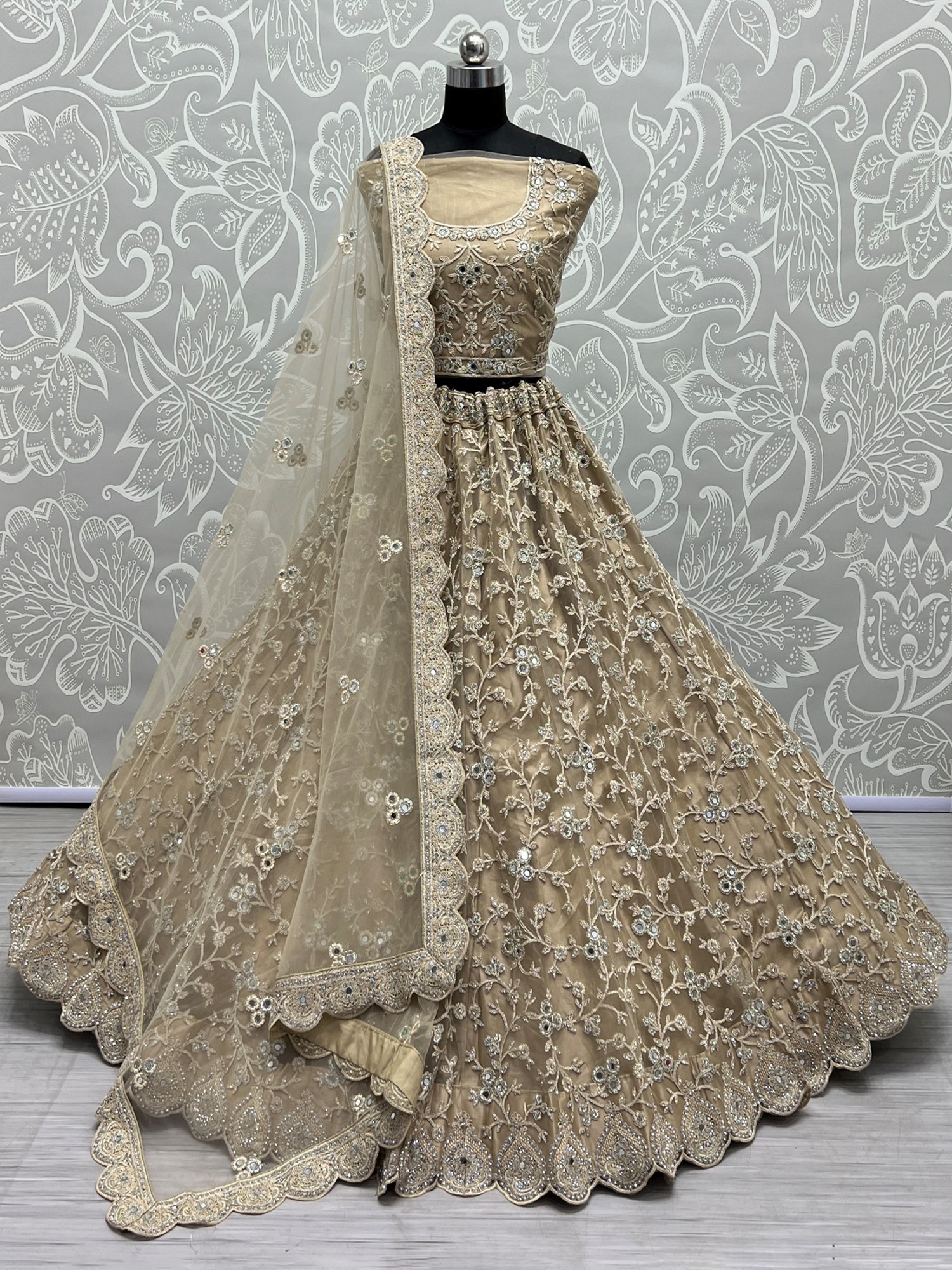 Net Floral Jaal Pattern Bridal Lehenga Choli With Dori, Mirror, Multi ...
