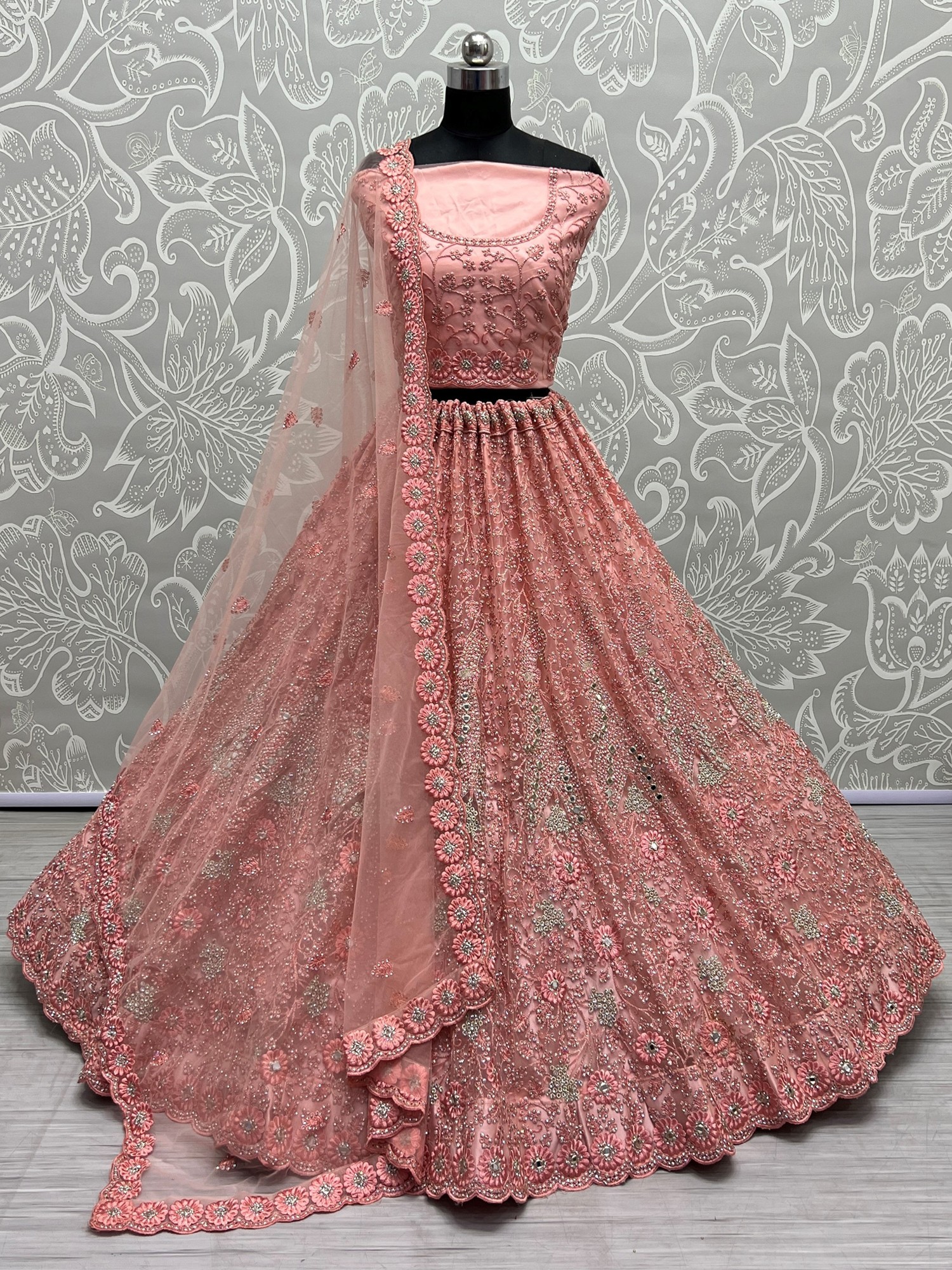 Net Bridal Lehenga Choli With Floral Vine Motif Embroidered Dori ...