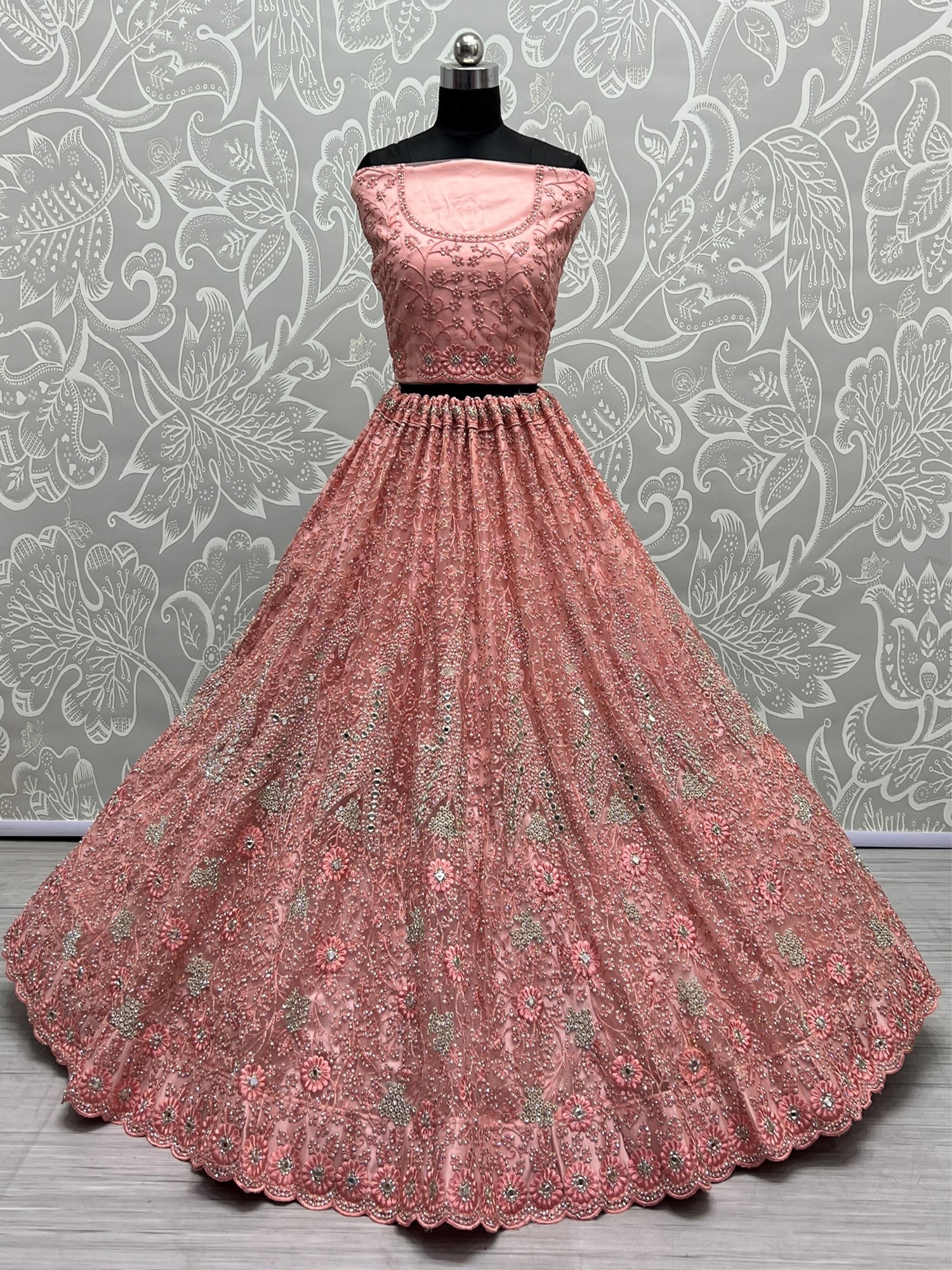 Net Bridal Lehenga Choli With Floral Vine Motif Embroidered Dori ...