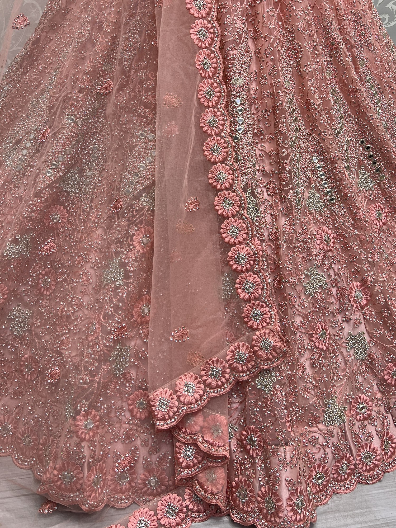 Net Bridal Lehenga Choli With Floral Vine Motif Embroidered Dori ...