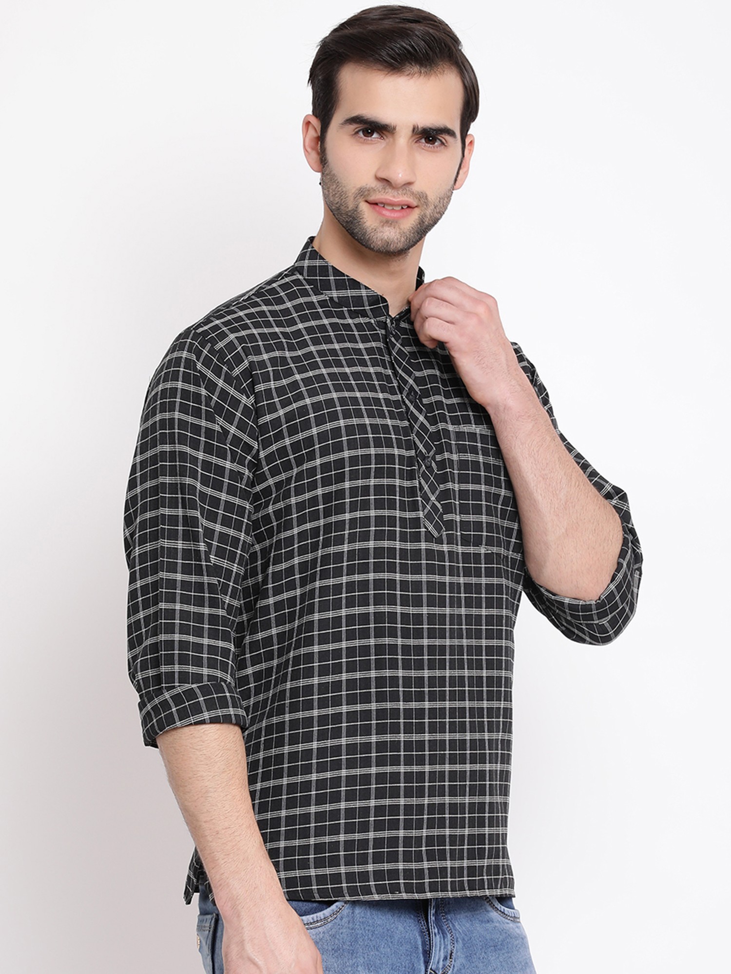 Cotton Blend Check Pattern Short Kurta | Exotic India Art