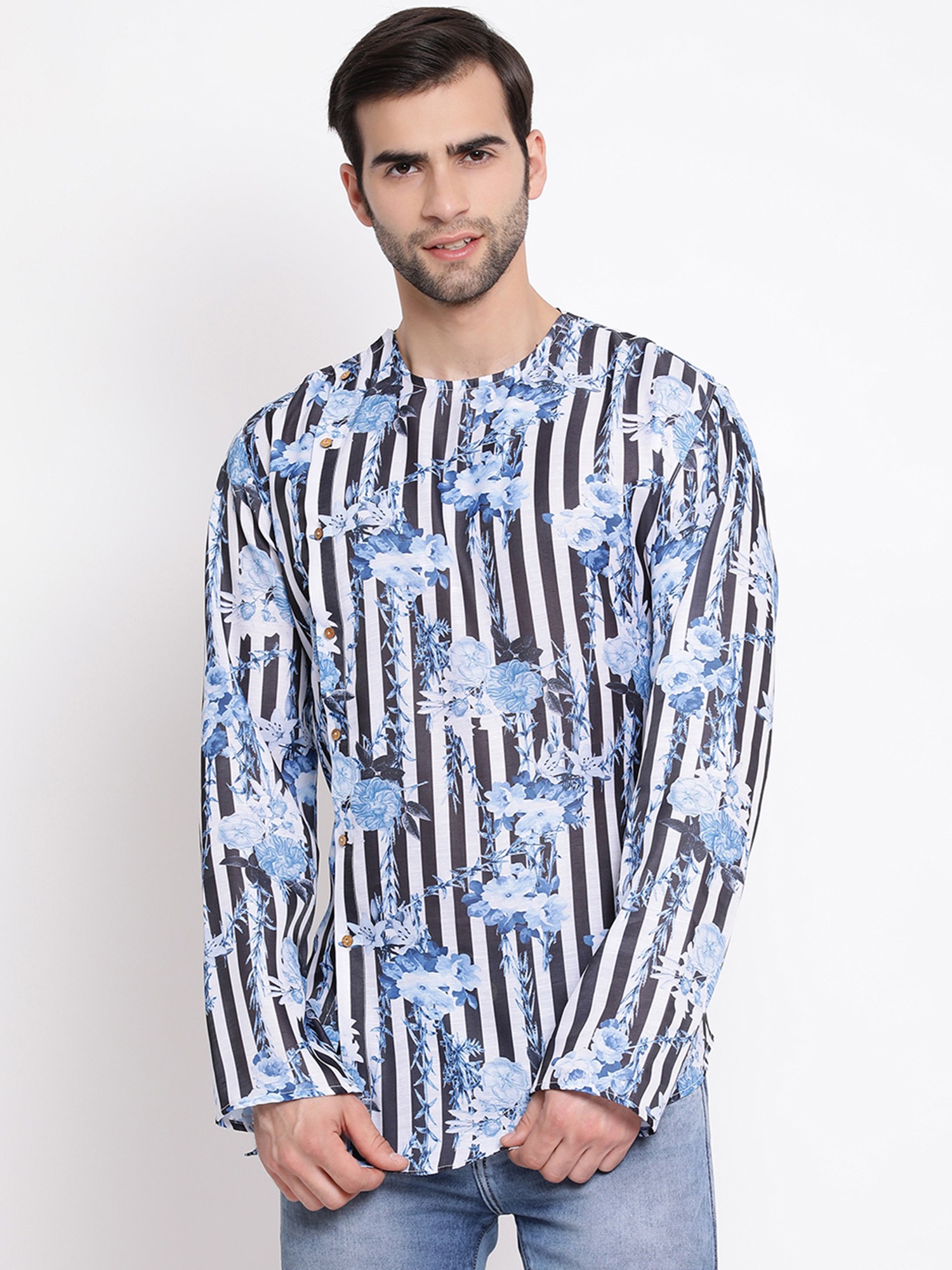 Blue Silk Blend Stripe-Floral Digital Print Short Kurta | Exotic India Art