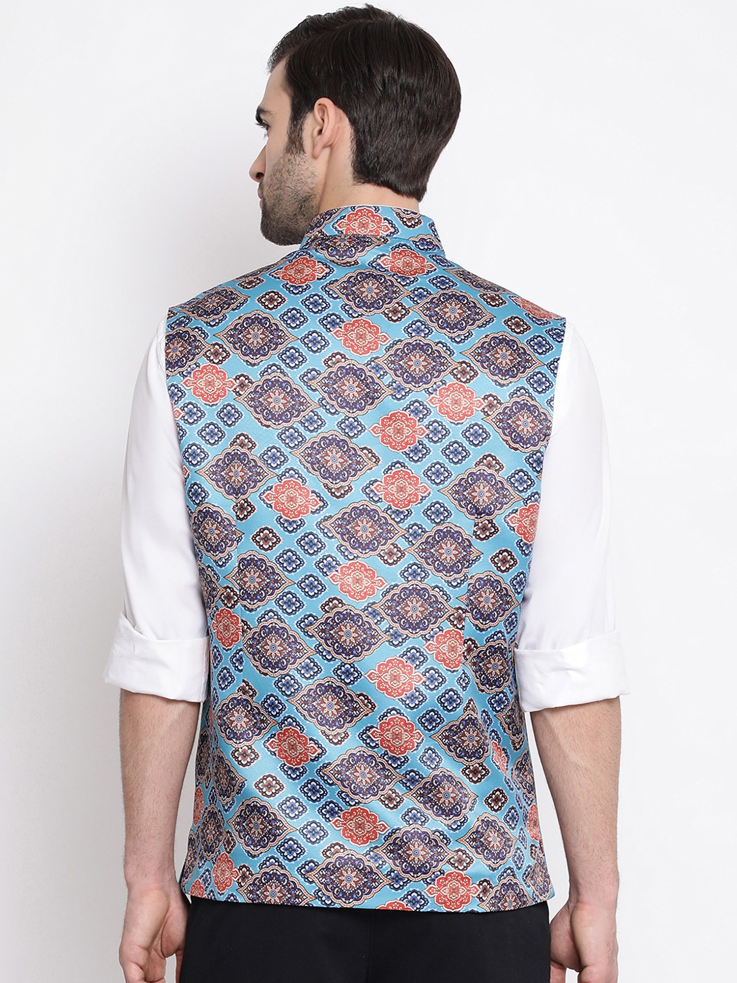 Blue Silk Blend Digital Printed Royal Modi Jacket | Exotic India Art