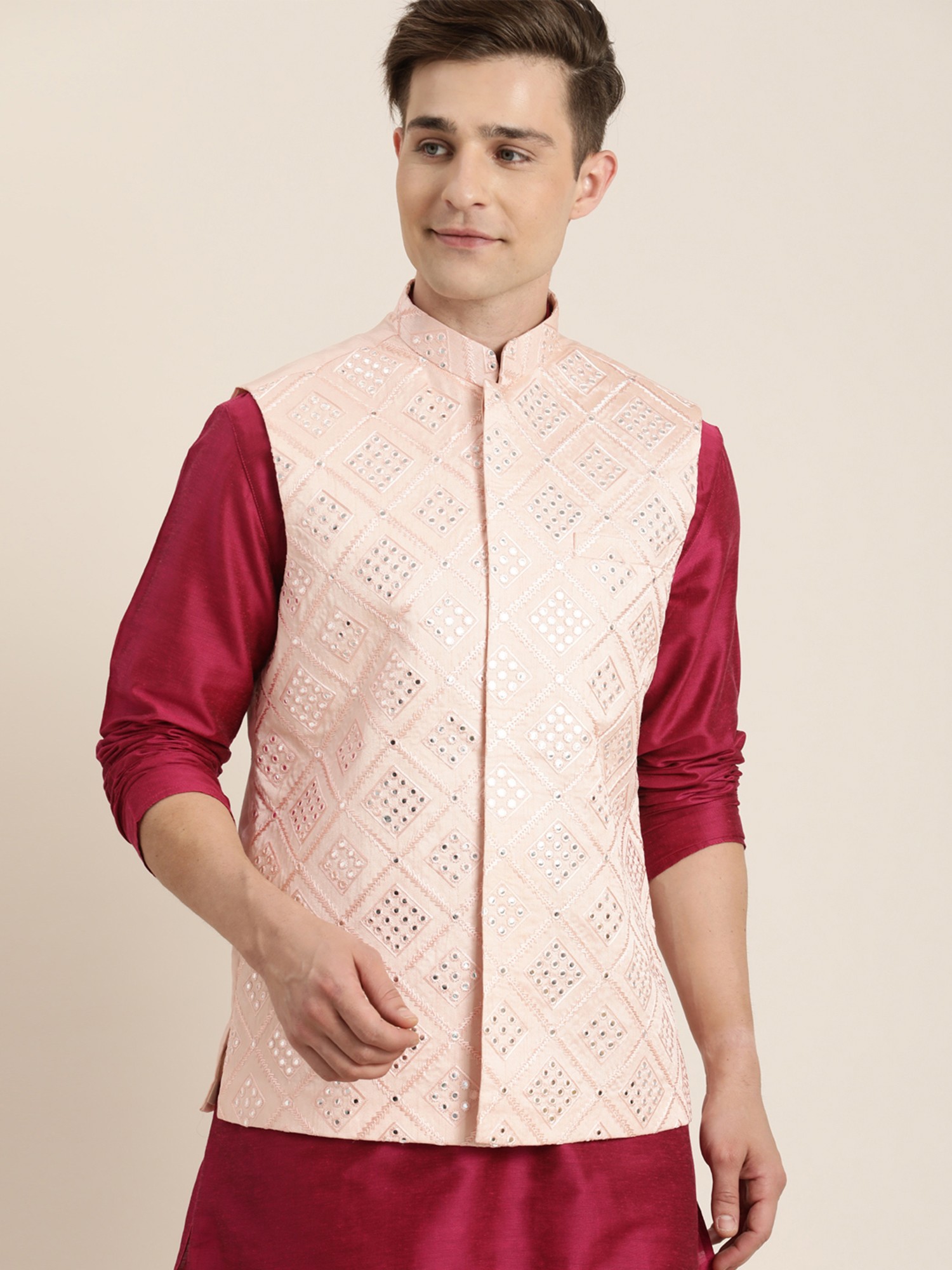 Pink Silk Blend Modi Jacket With Diamond Pattern Mirror Work | Exotic ...