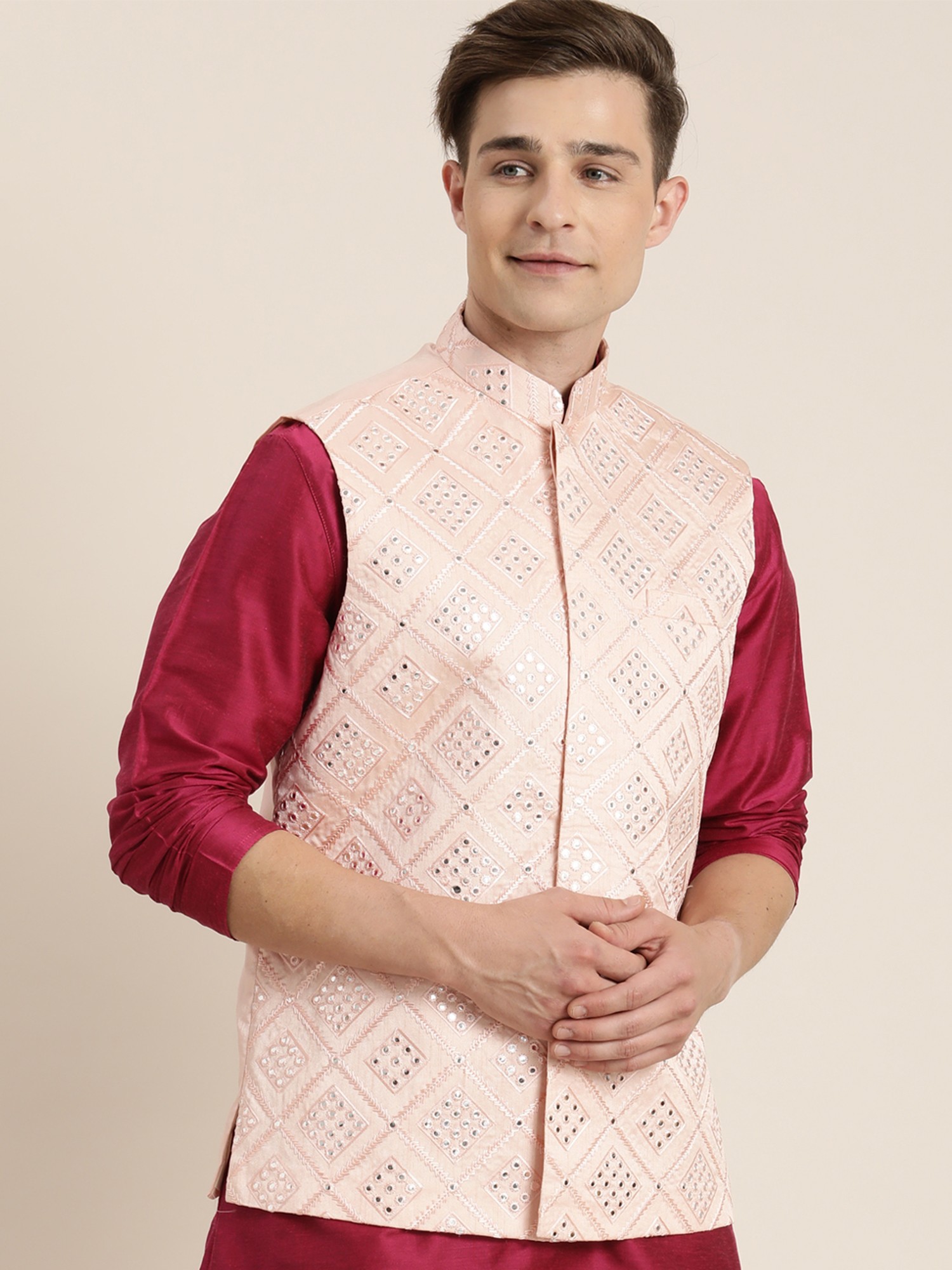Pink Silk Blend Modi Jacket With Diamond Pattern Mirror Work | Exotic ...