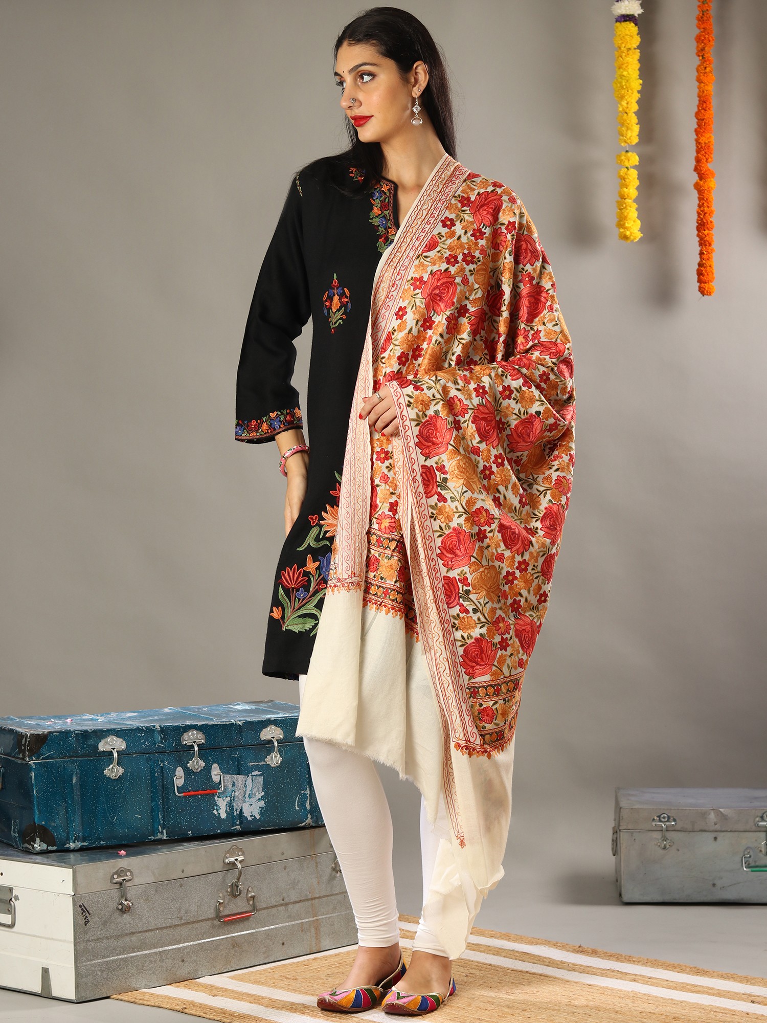 Aari Embroidered Off White Fine Wool Shawl with Heavily Detailed ...