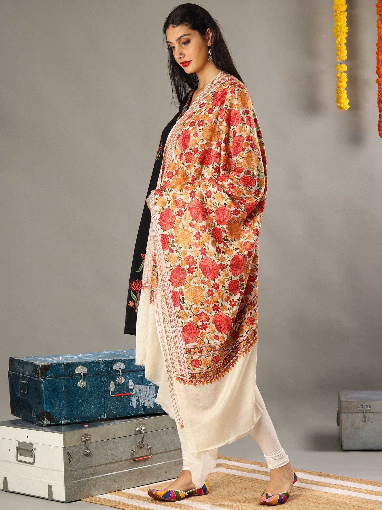 Aari Embroidered Off White Fine Wool Shawl with Heavily Detailed ...