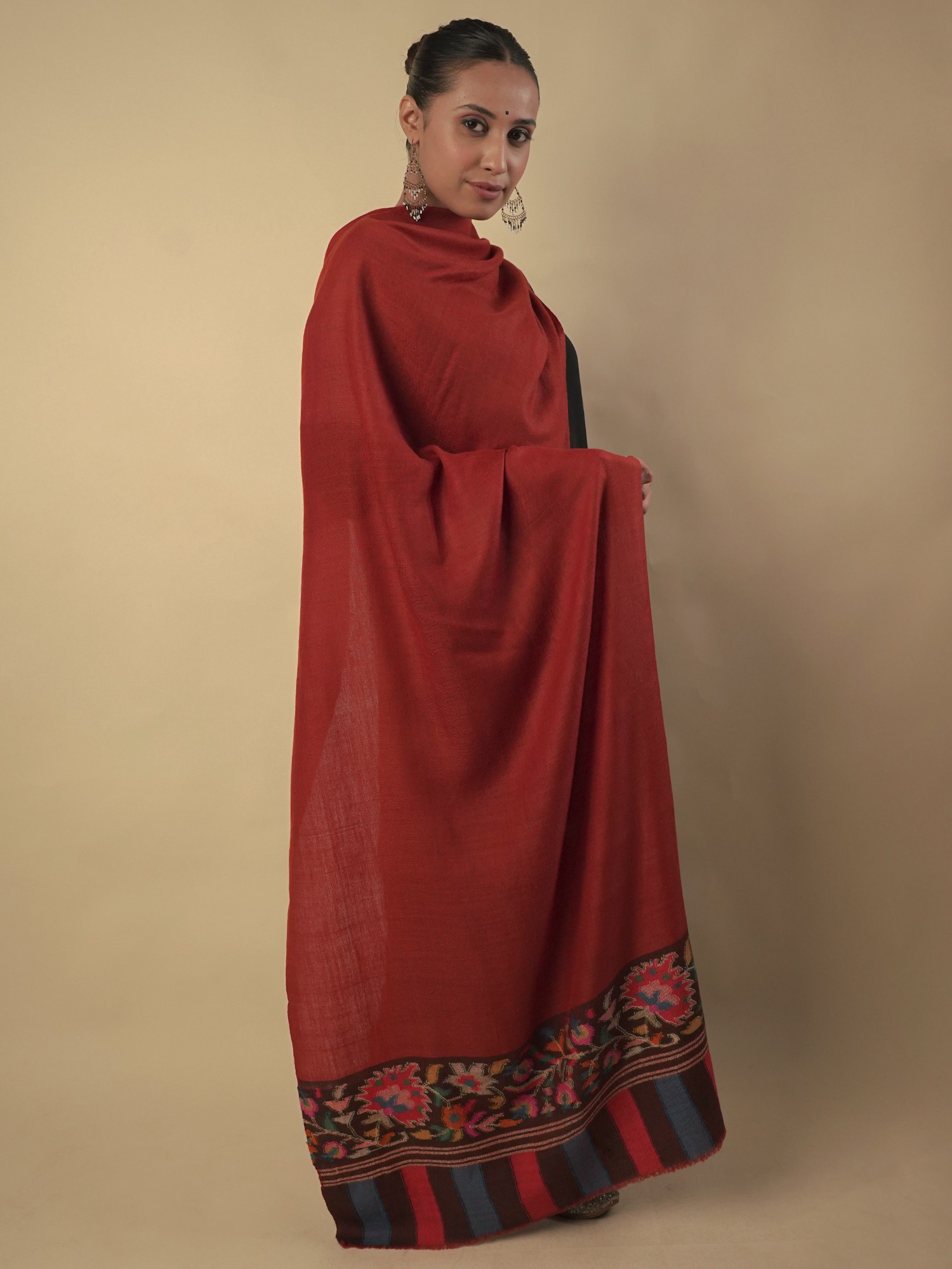 Pashmina Brick Red Kani Stole | Exotic India Art