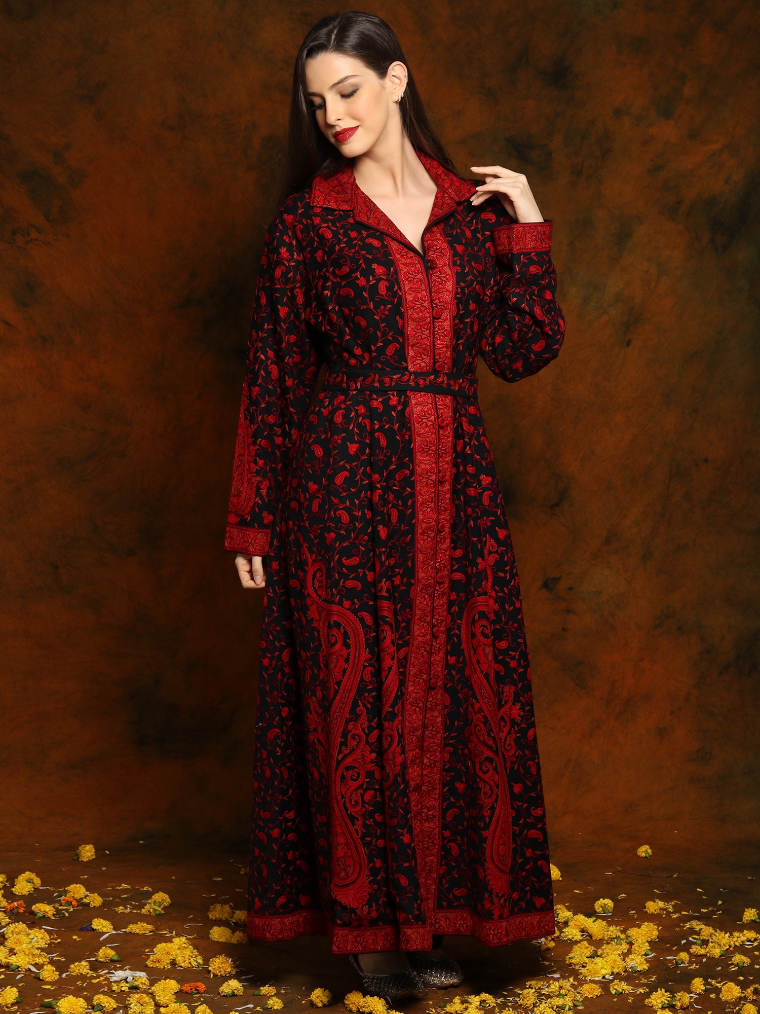 Kashmiri Black Woolen Long Robe with Detailed Floral and Paisley Red ...