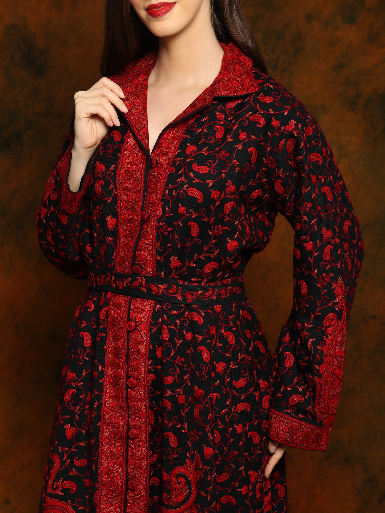 Kashmiri Black Woolen Long Robe with Detailed Floral and Paisley Red ...