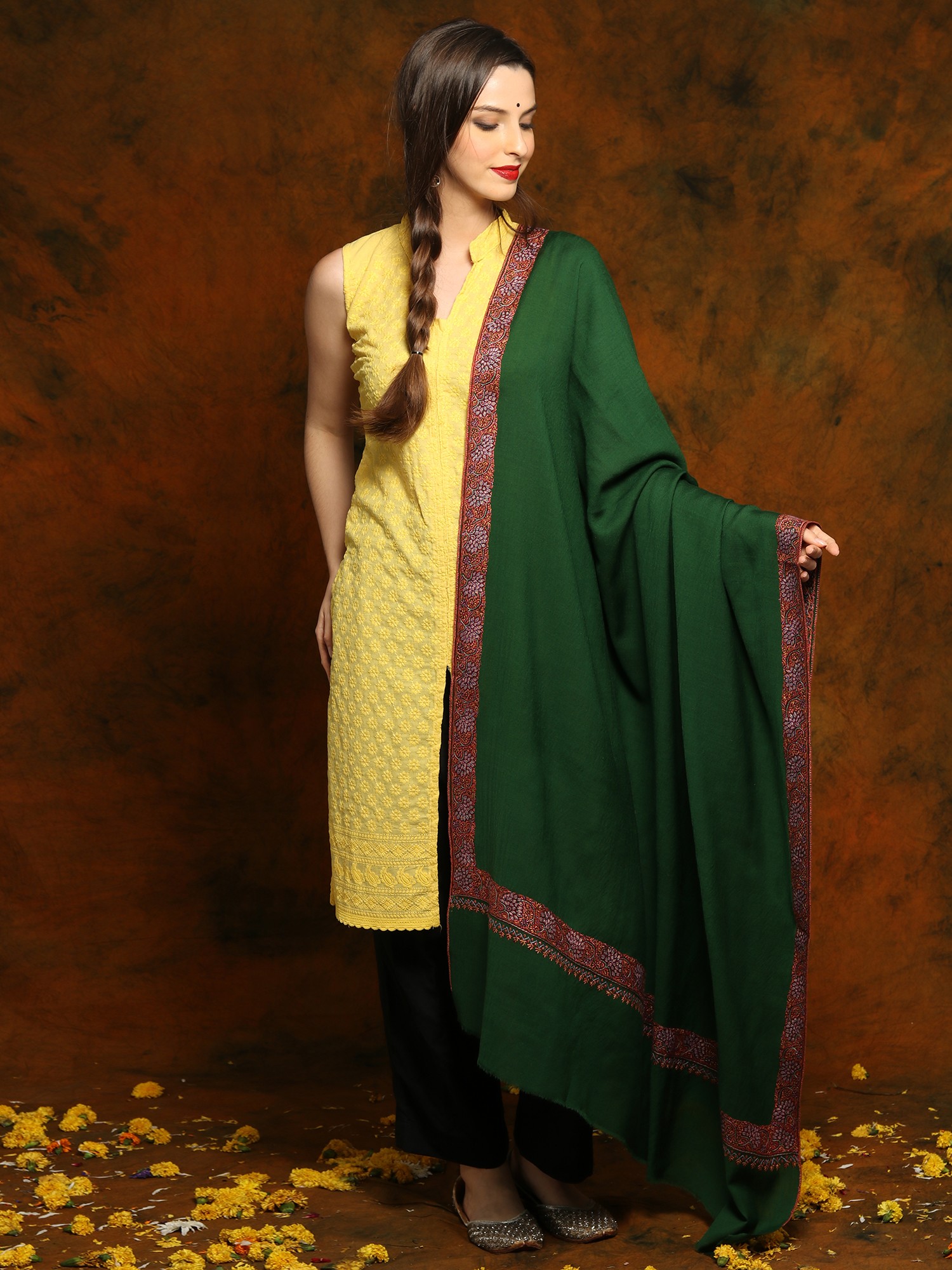 Dark Green Fine Wool Shawl with Floral aari Embroidery | Exotic India Art
