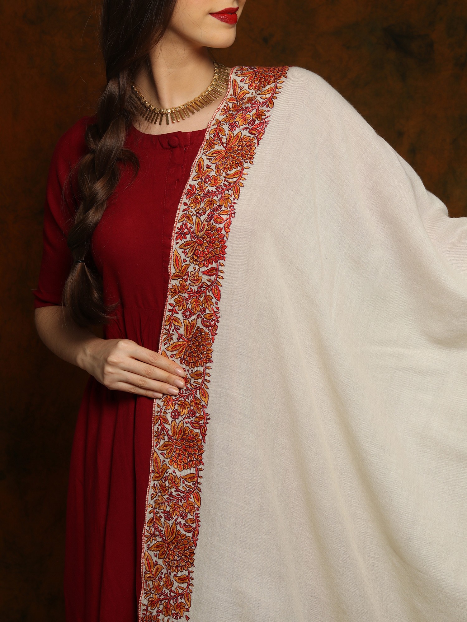 Off White Fine Wool Shawl with Floral Fine Embroidery on Borders ...